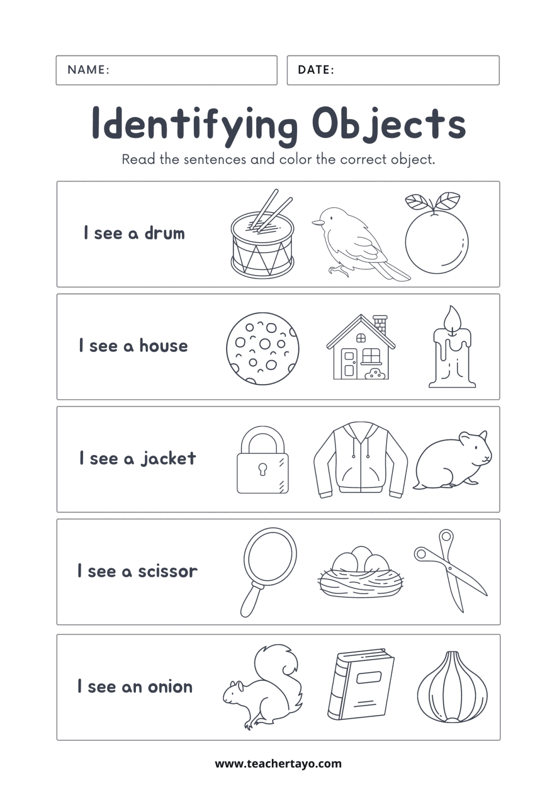 Identifying Objects Foundational Worksheet Free Download Teacher Tayo